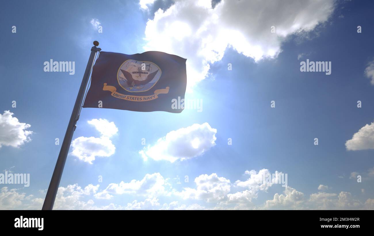 United States Navy Flag waving on a Flagpole in front of a blue sky ...