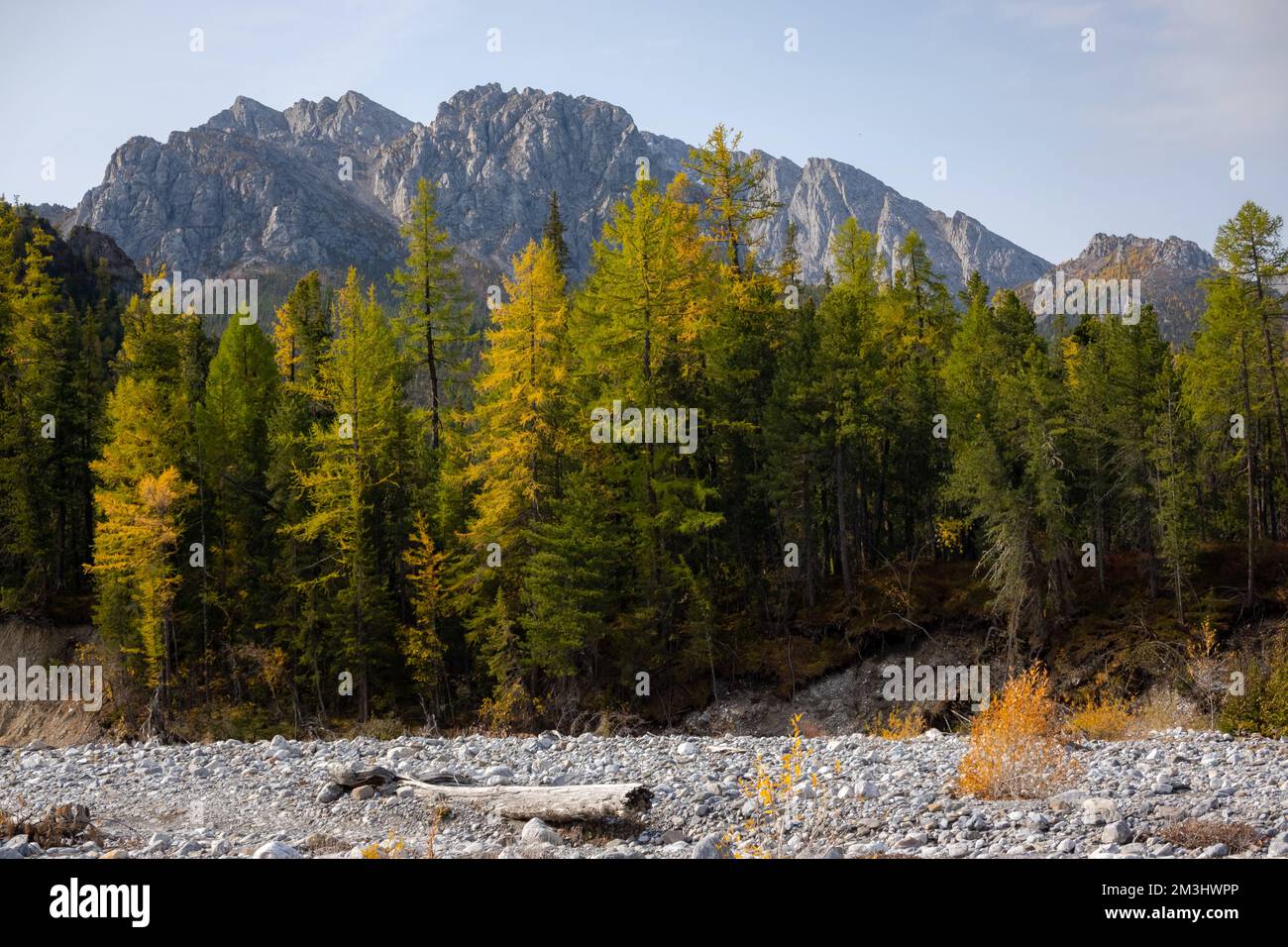Dried up river bed in a rural countryside with the snowy mountains in ...