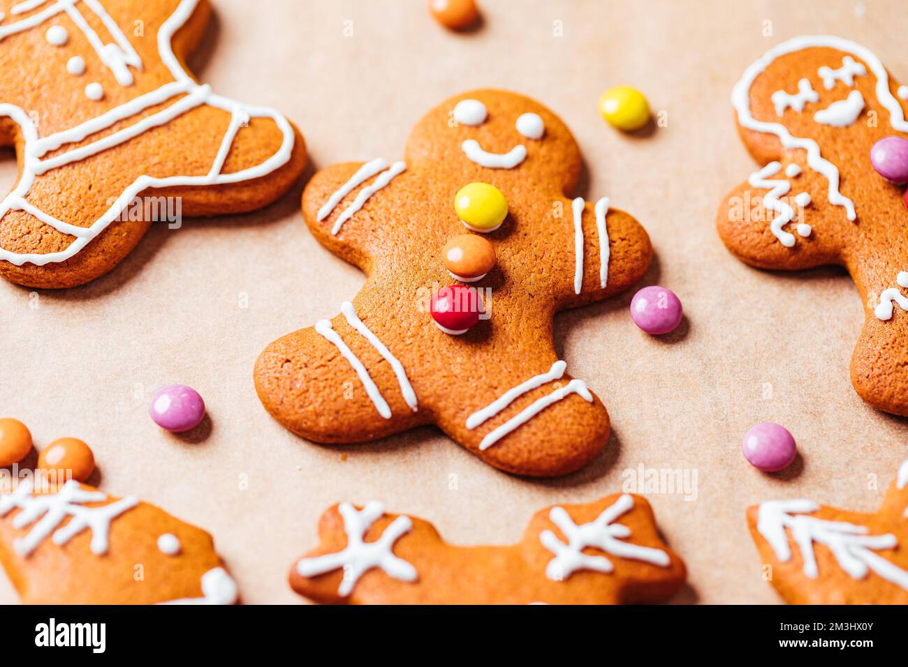 Various selection of Gingerbread cookies with sugar icing. Decorated in ...