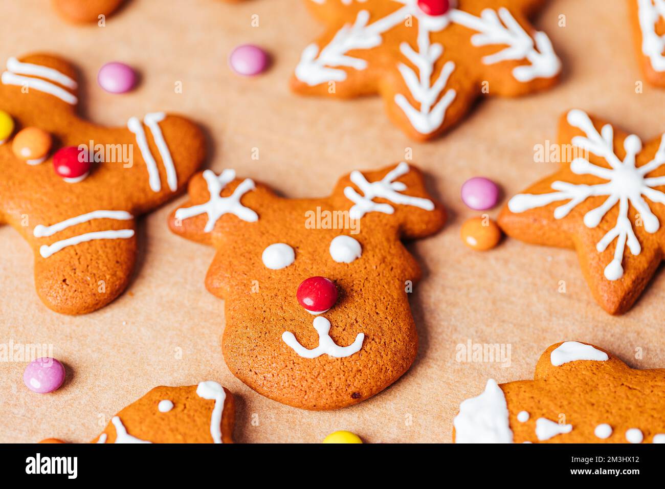 Various selection of Gingerbread cookies with sugar icing. Decorated in ...