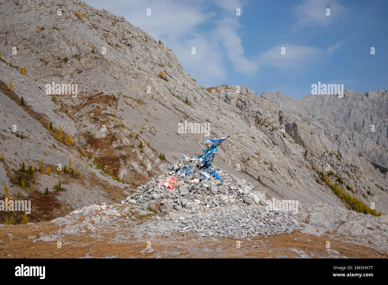 A pile of stones put together for shaman rituals in Mongolia. Sacred ...