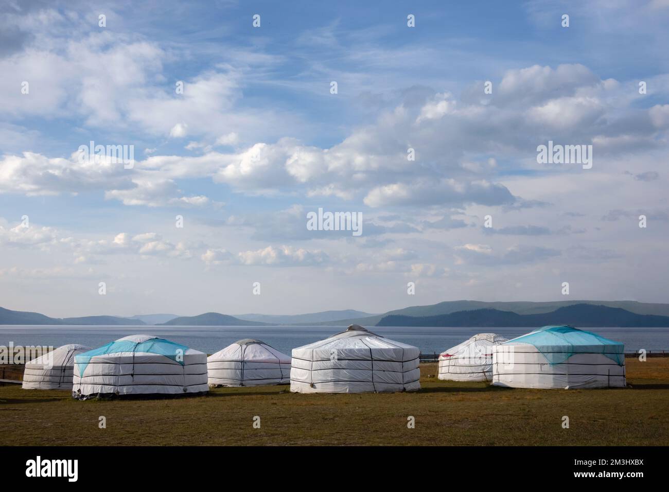 Yurt camp on a beautiful sunny day in Mongolia. Ger campsite in rural ...