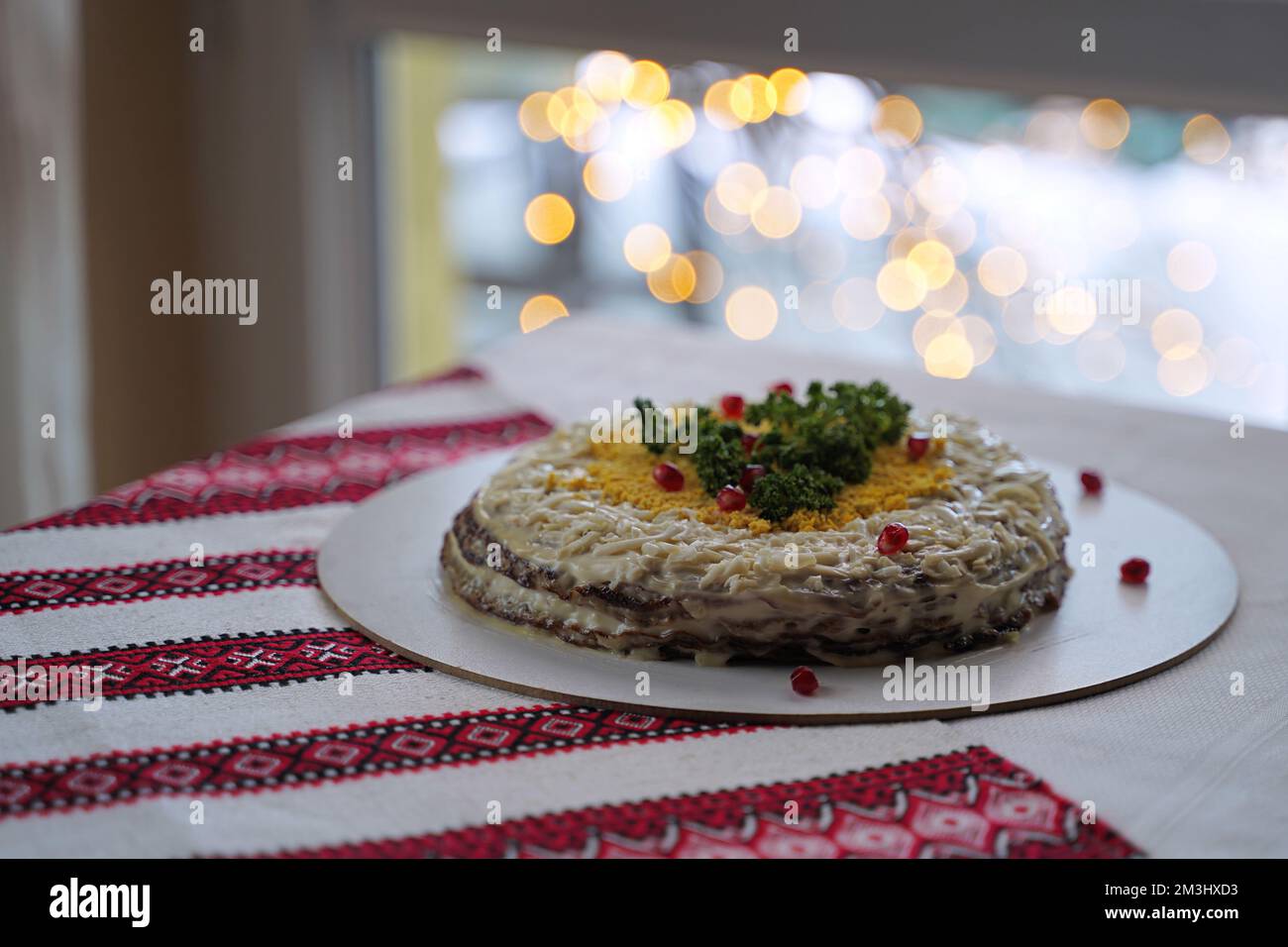 Homemade layered liver cake. Traditional Ukrainian food on the table ...