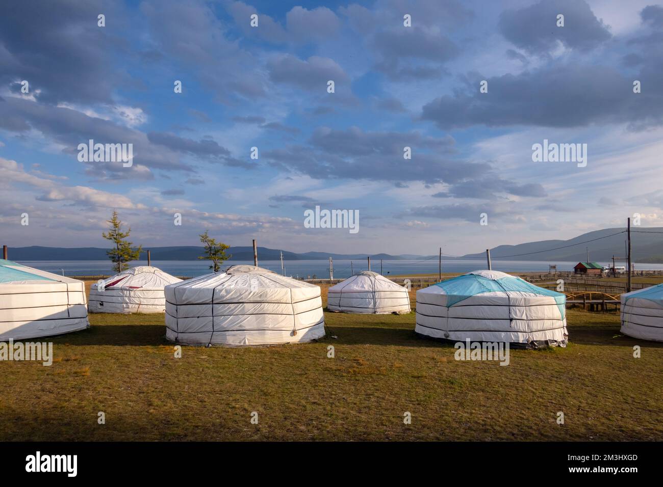 Yurt camp on a beautiful sunny day in Mongolia. Ger campsite in rural ...