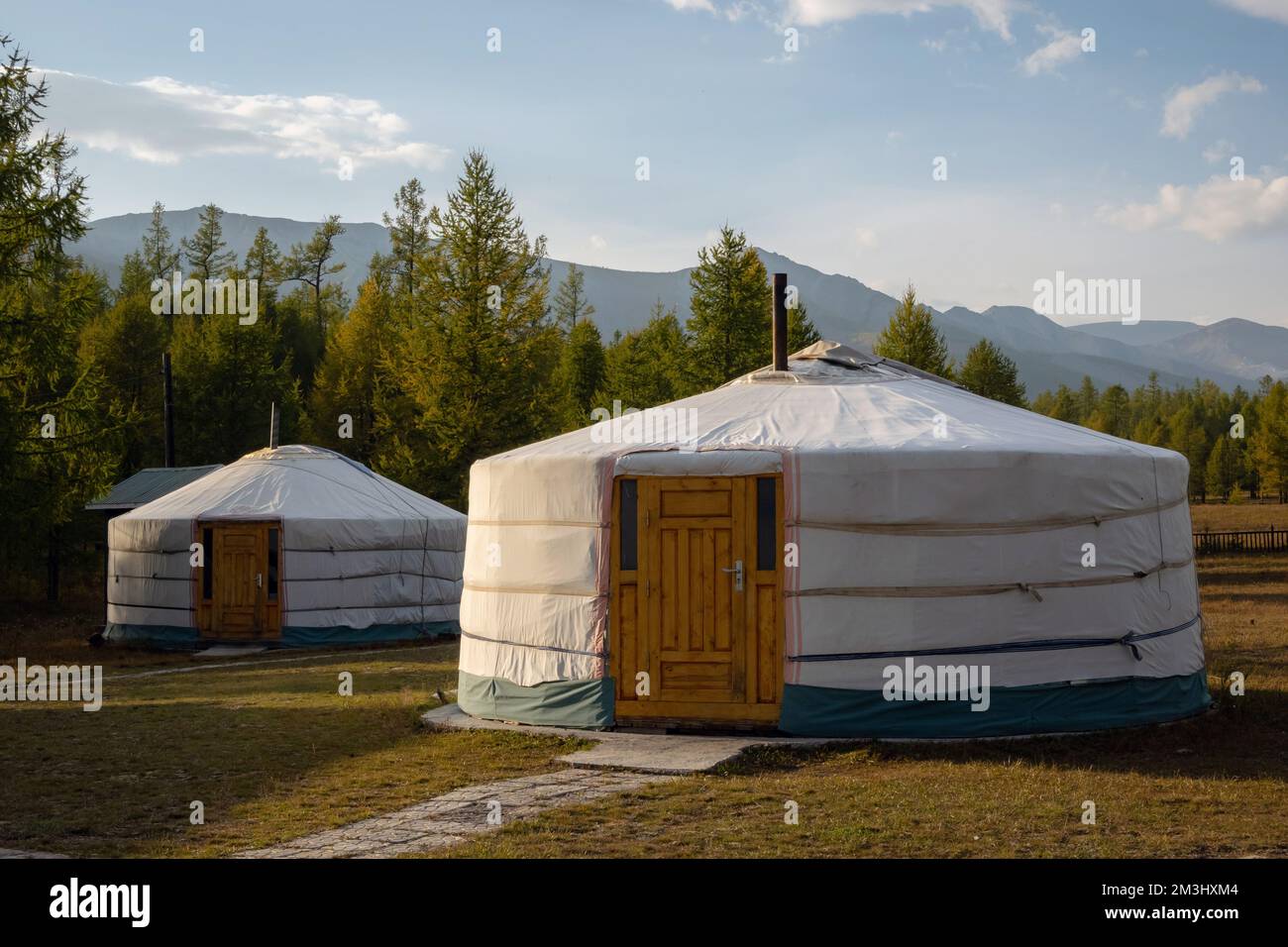 Yurt camp on a beautiful sunny day in Mongolia. Ger campsite in rural ...