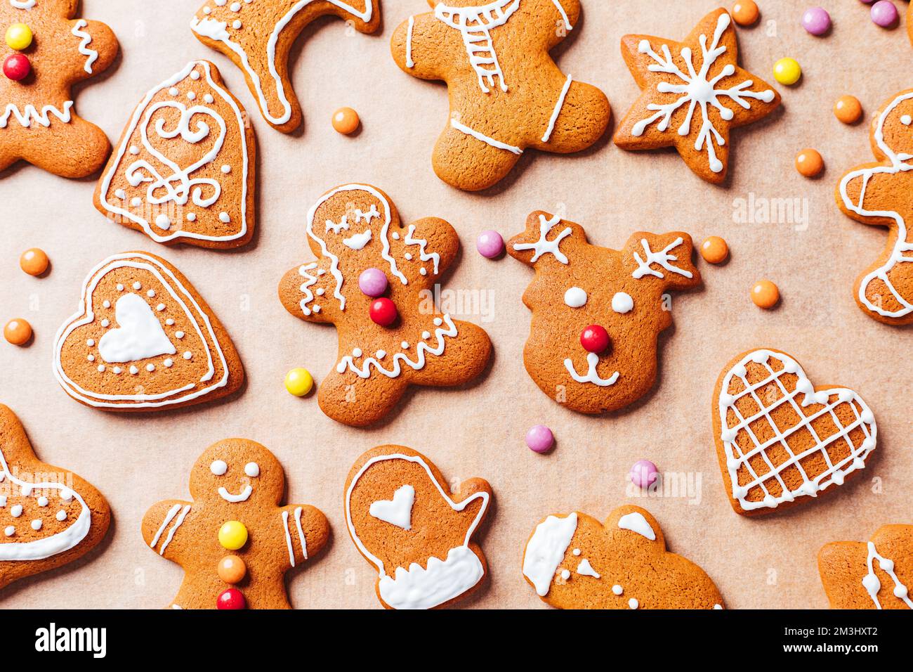 Various selection of Gingerbread cookies with sugar icing. Decorated in ...