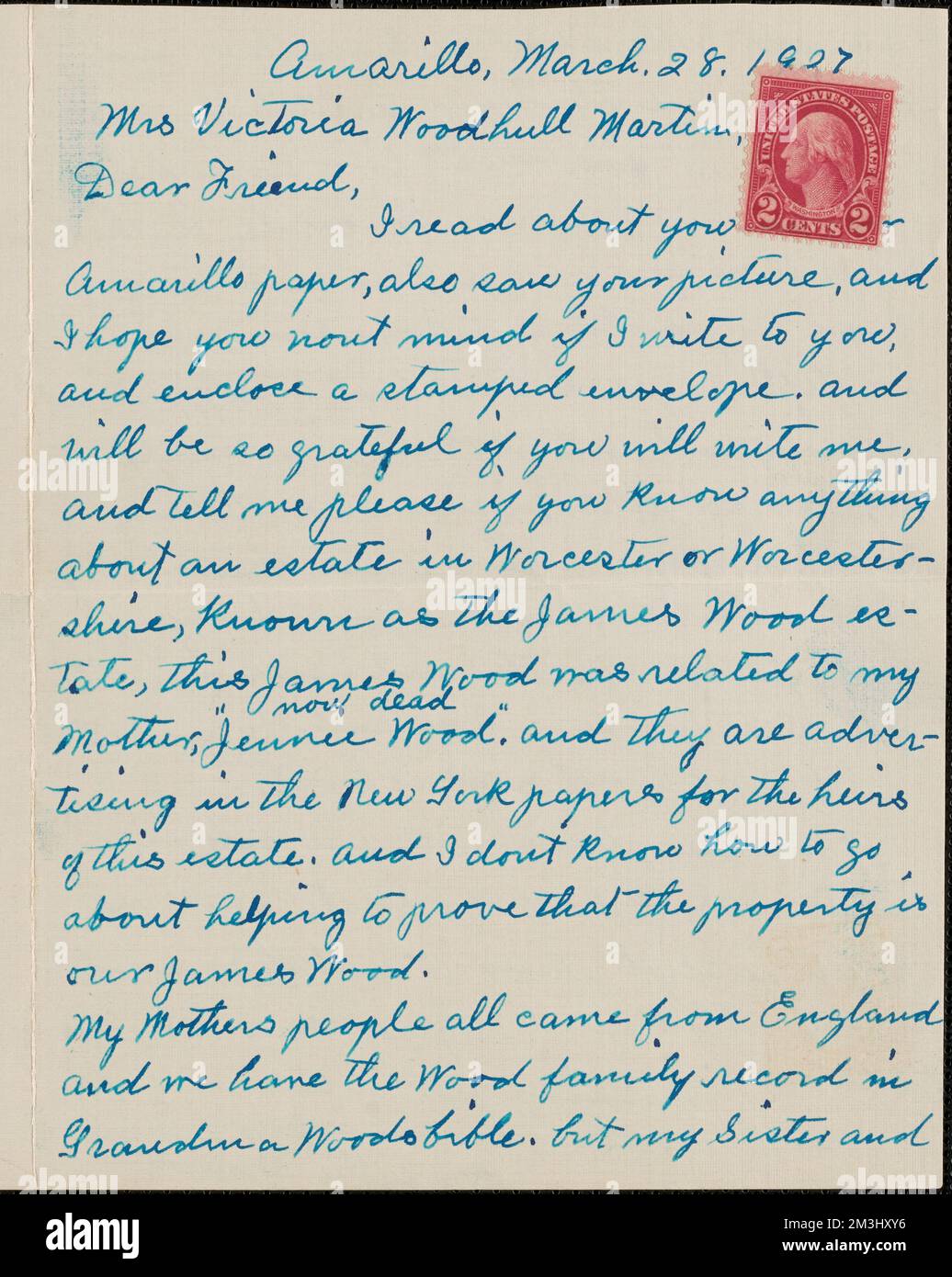 Nellie Bennett autograph letter signed to [Victoria Woodhull Martin ...
