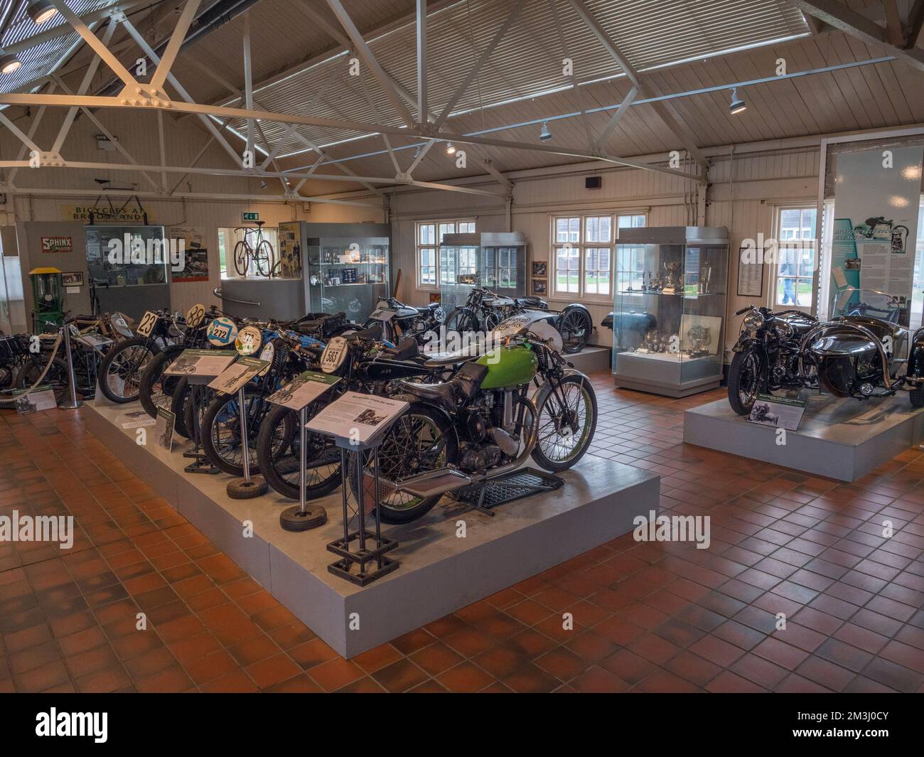 General view of racing motorcycles on display at the Brooklands Museum ...