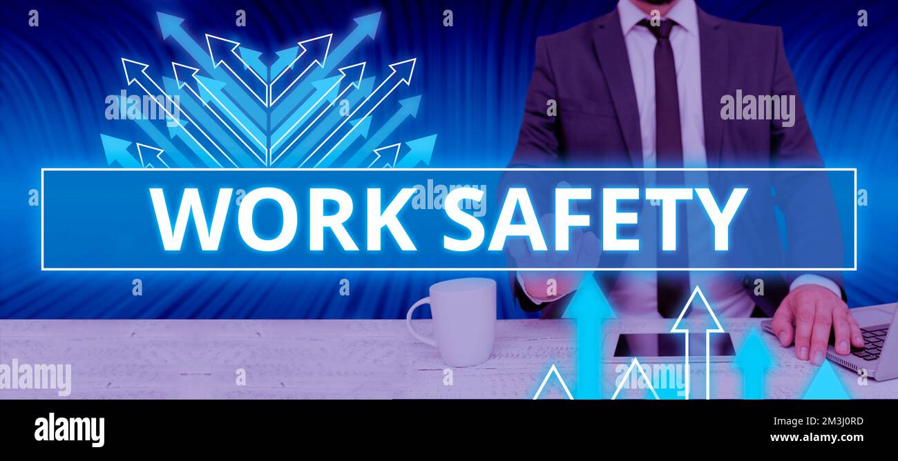 Hand writing sign Work Safety. Business approach Policies and control ...