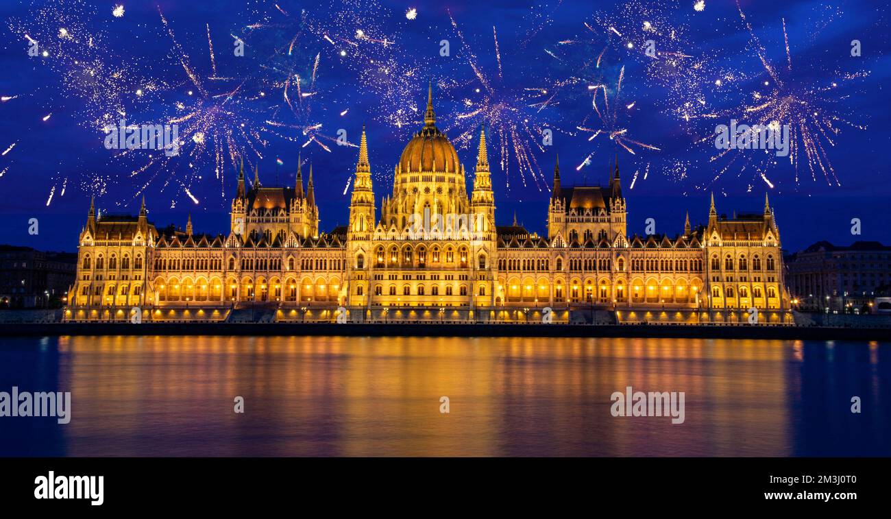 fireworks display over parliament New Year celebrations in Budapest ...