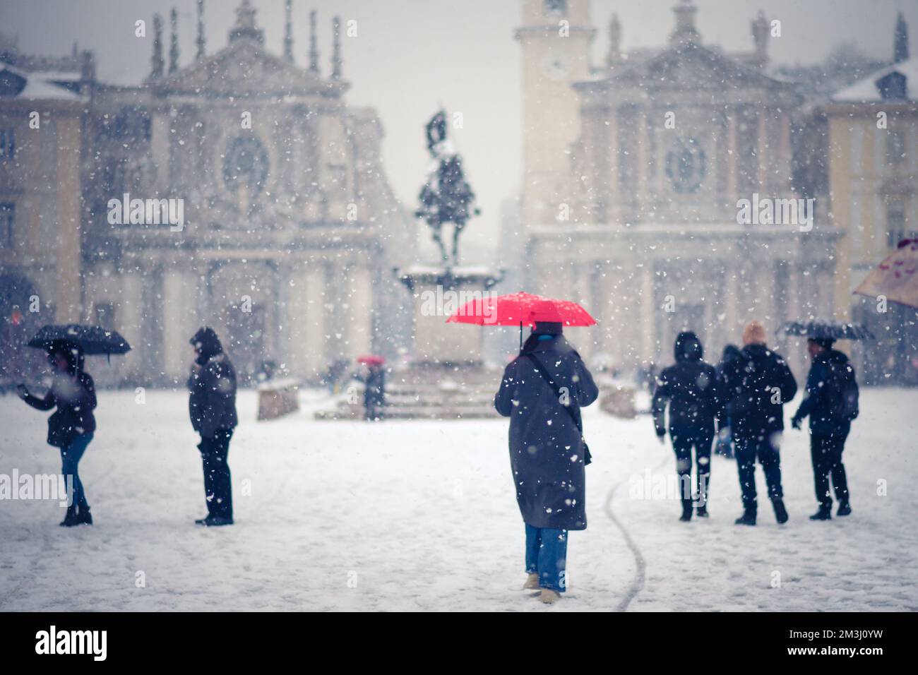 Turin (Torino) people in Piazza San Carlo under the snow Stock Photo ...