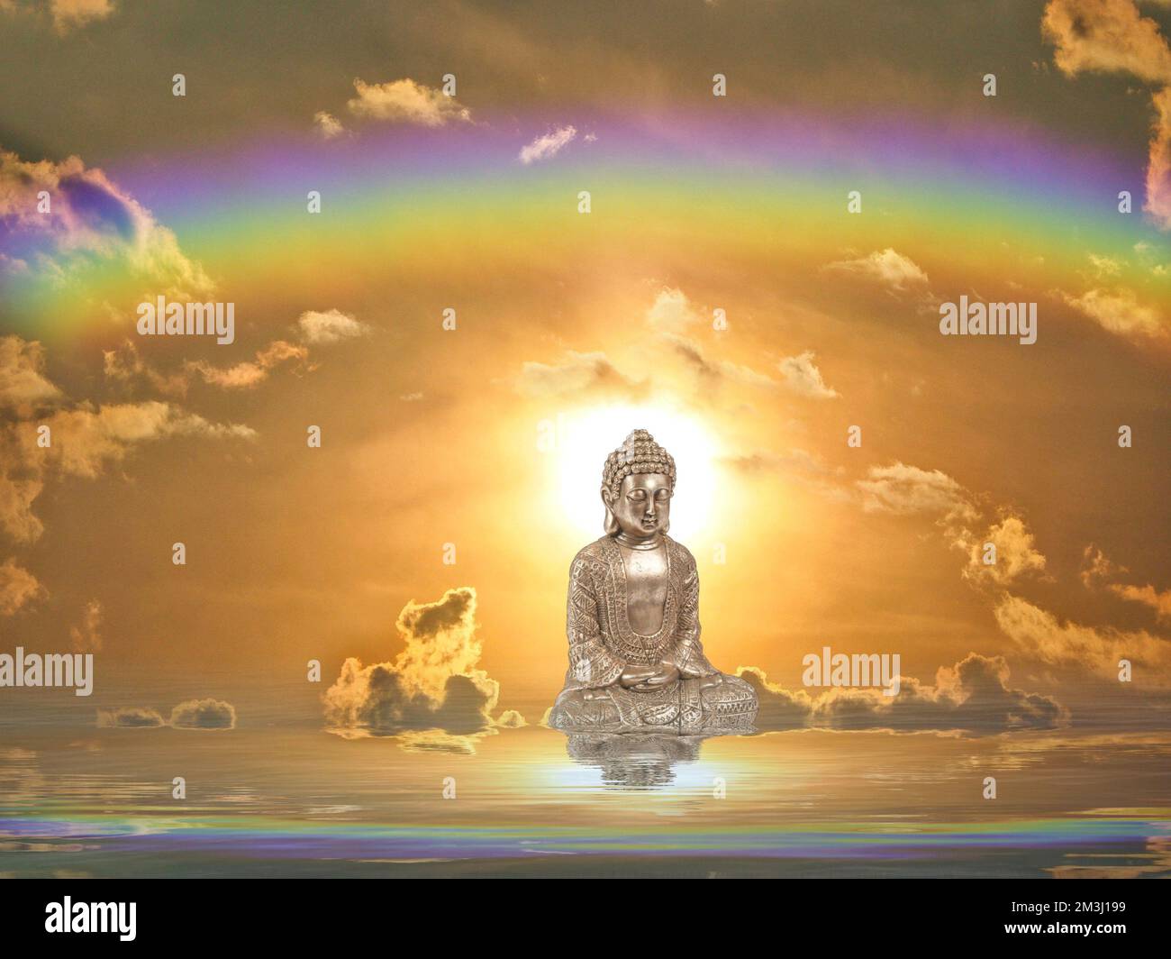 spiritual backgroud with buddha statue and rainbow in sea reflection ...