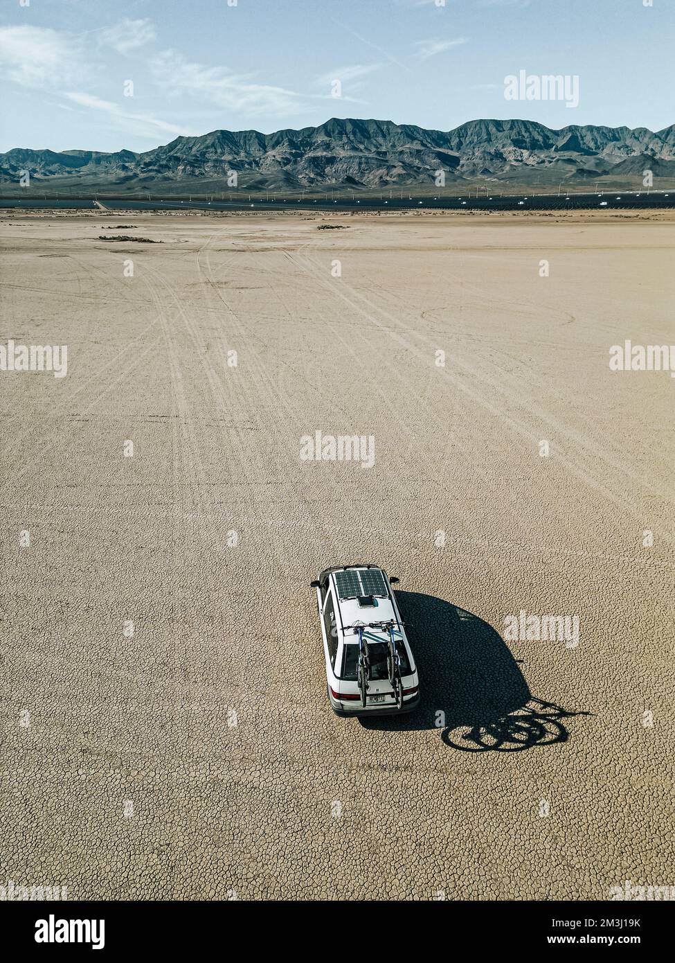 Aerial view of self converted camper van recreational vehicle driving ...