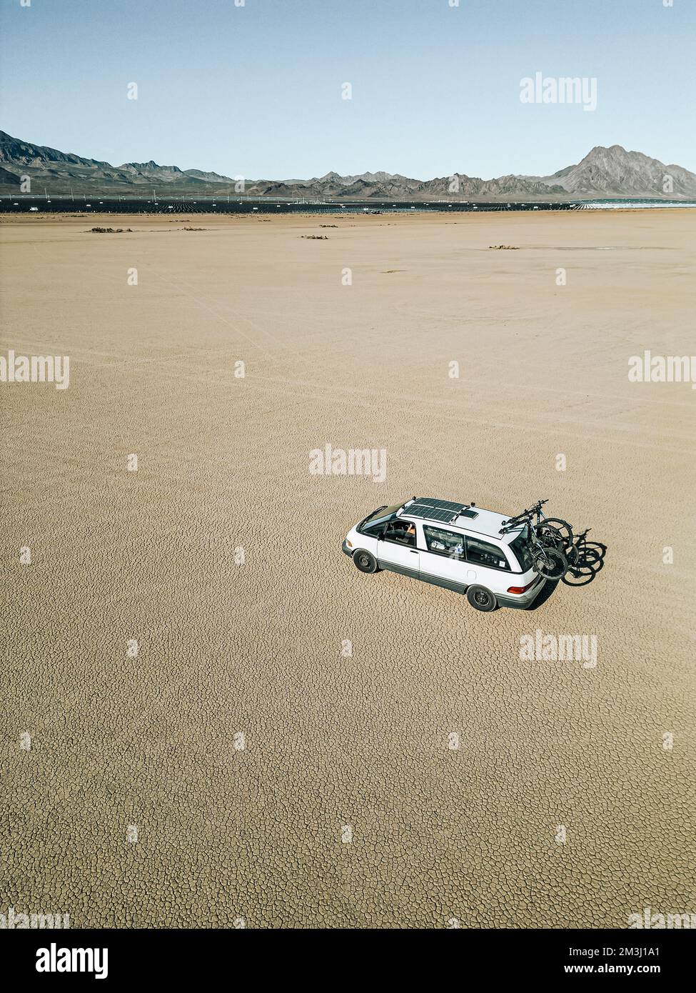 Aerial view of self converted camper van recreational vehicle driving ...