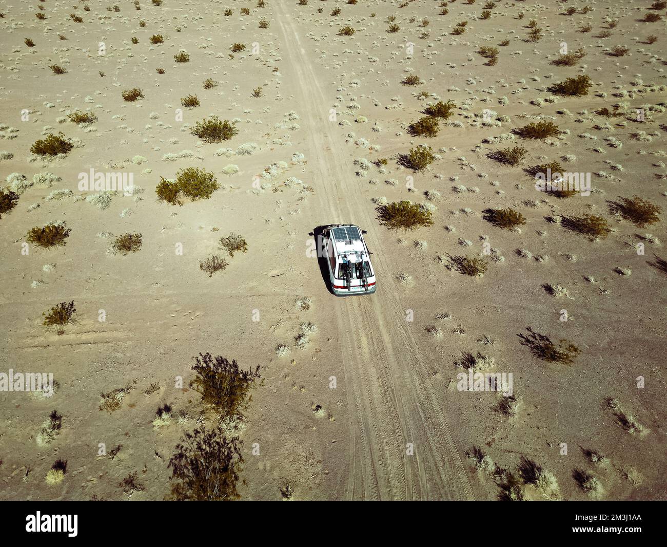 Aerial view of self converted camper van recreational vehicle driving ...