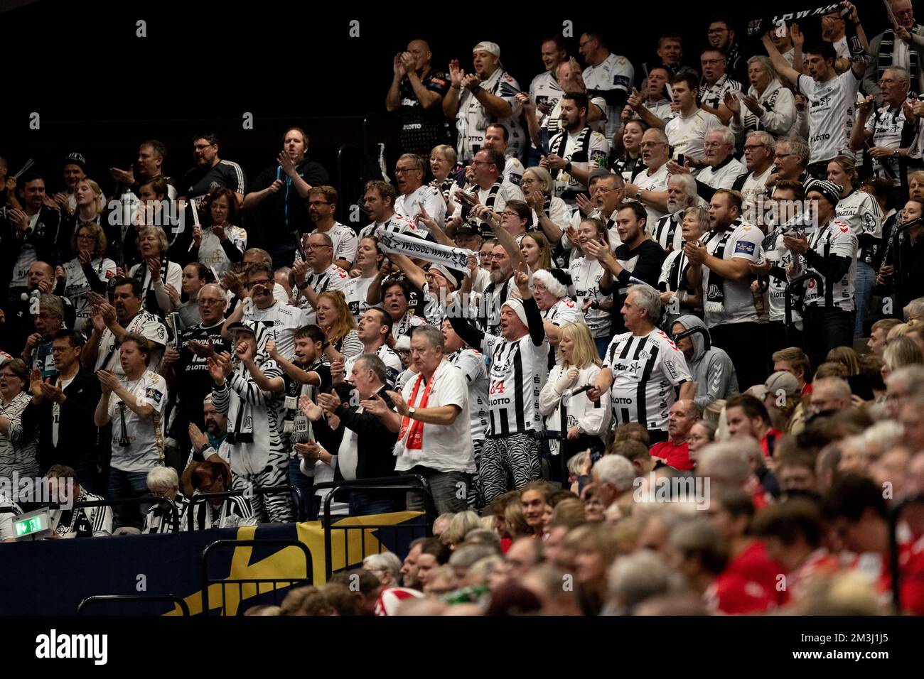 Aalborg, Denmark. 15th Dec, 2022. Fans of THW Kiel seen on the stands ...
