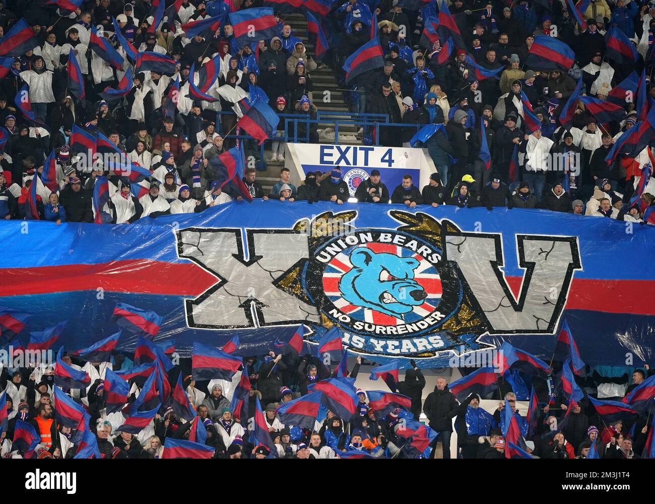 Rangers fans hold up Union Bears banners during the cinch Premiership ...