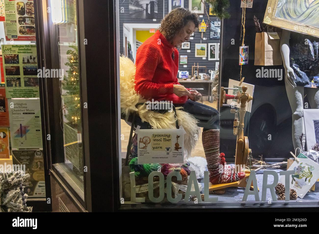 Christine Williamson spinning wool fiber into yarn at the Art Center on ...