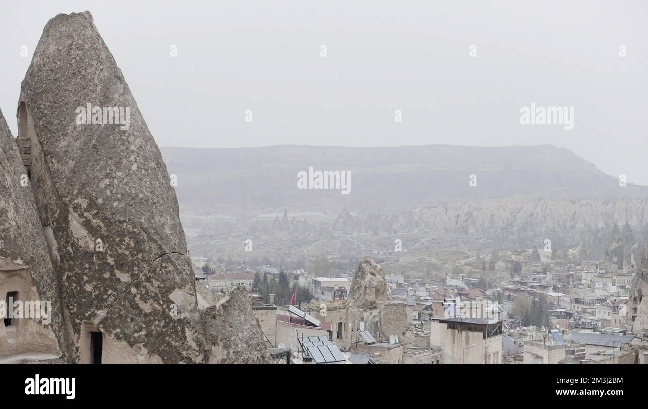 Aerial view of ancient region Cappadocia in Turkey. Action. Beautiful ...