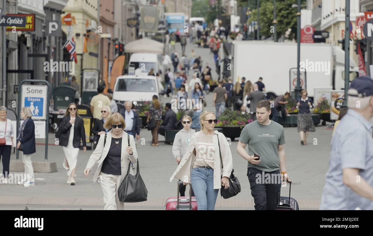Norway, Oslo - July 27, 2022: crowded city street on a summer day ...