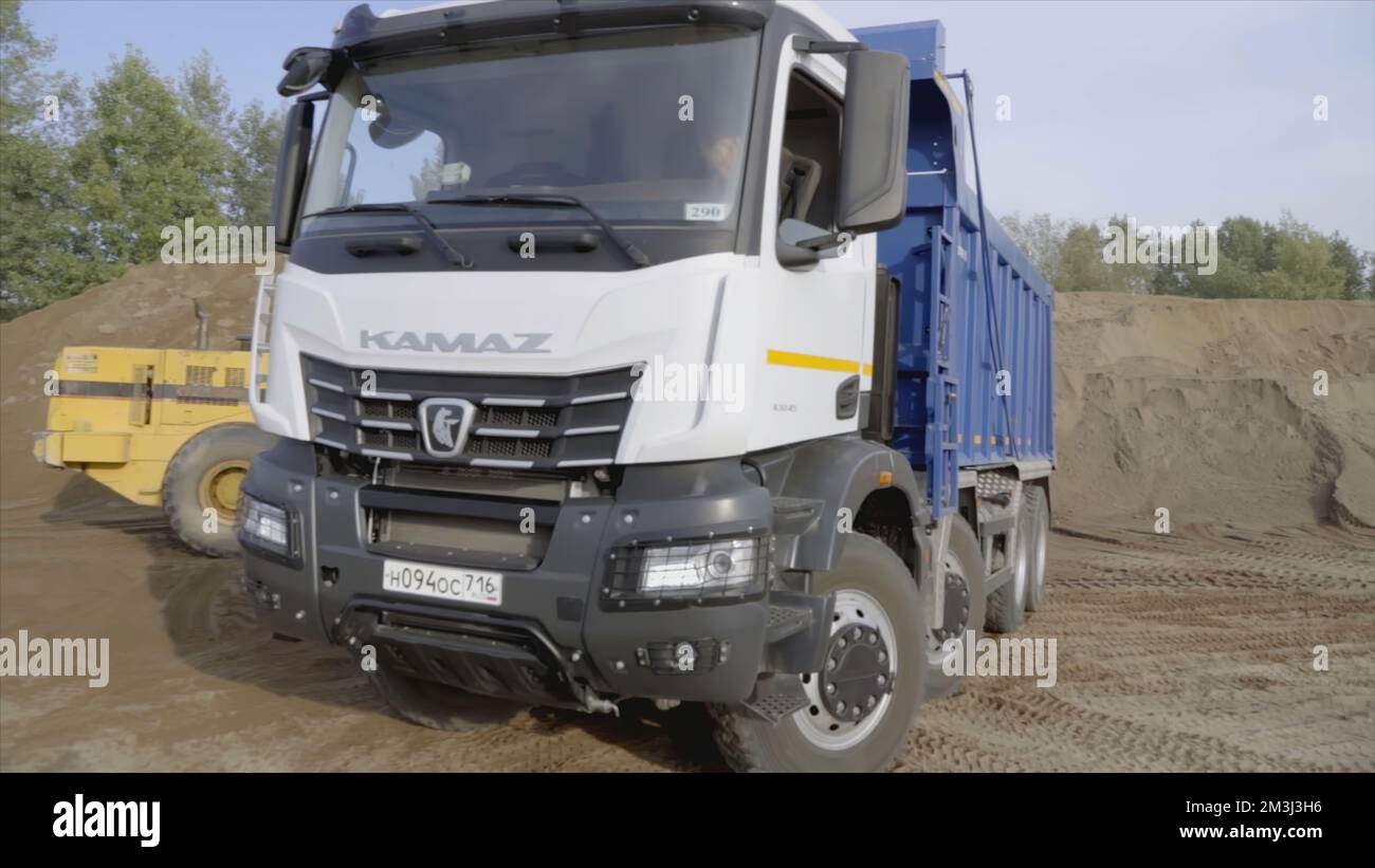 Serbia, Belgrade - July 30, 2021: Top view of truck with excavator ...