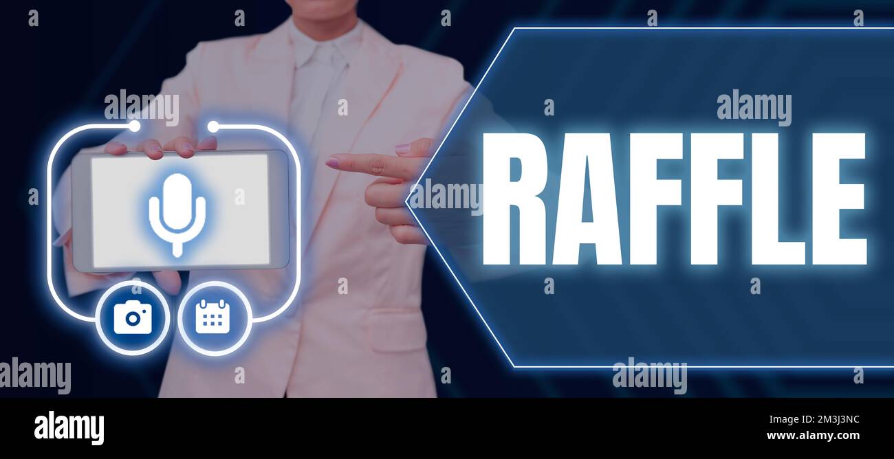 Text showing inspiration Raffle. Word for means of raising money by ...