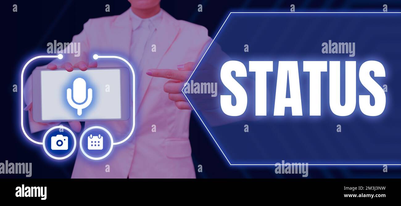 Sign displaying Status. Concept meaning situation at a particular time ...