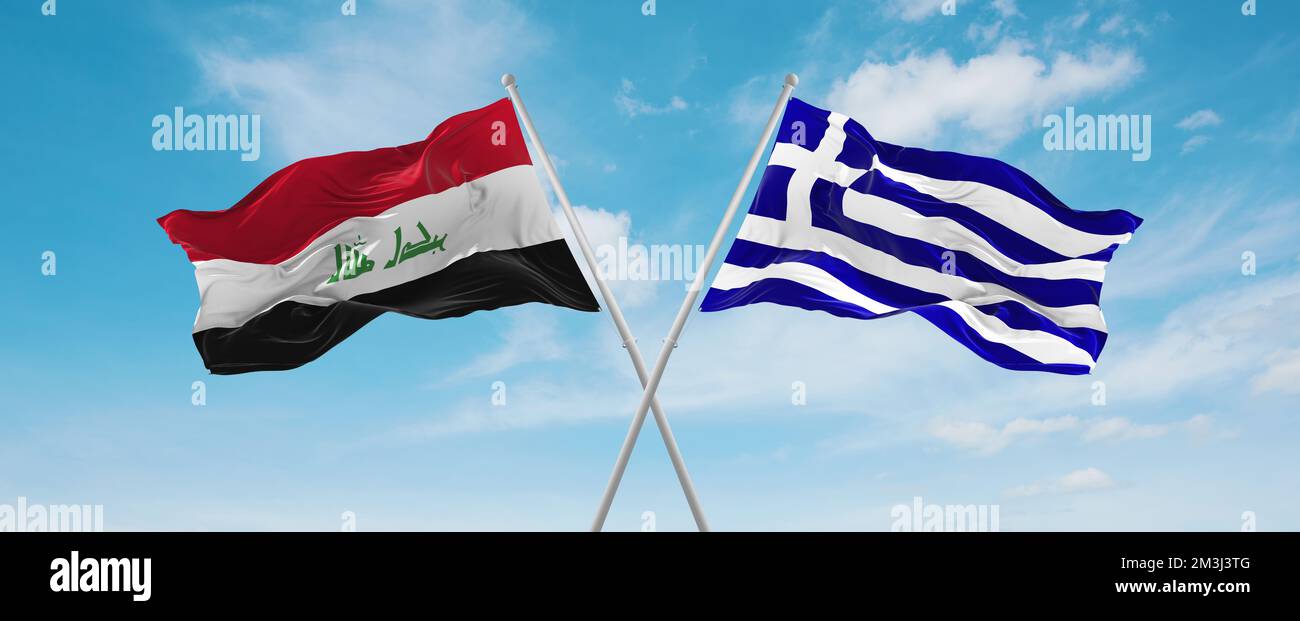 two crossed flags Greece and Iraq waving in wind at cloudy sky. Concept ...