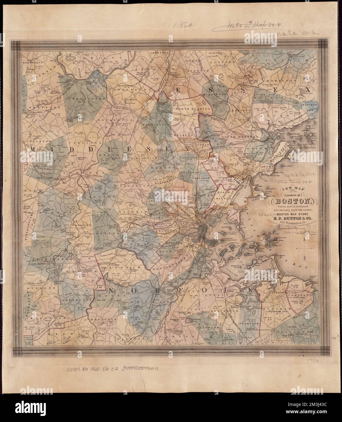 New map of the vicinity of Boston, with the dates of settlement and ...