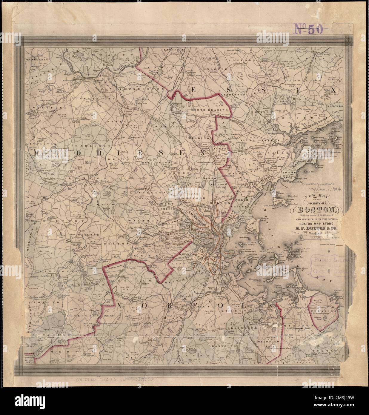 New map of the vicinity of Boston, with the dates of settlement and ...