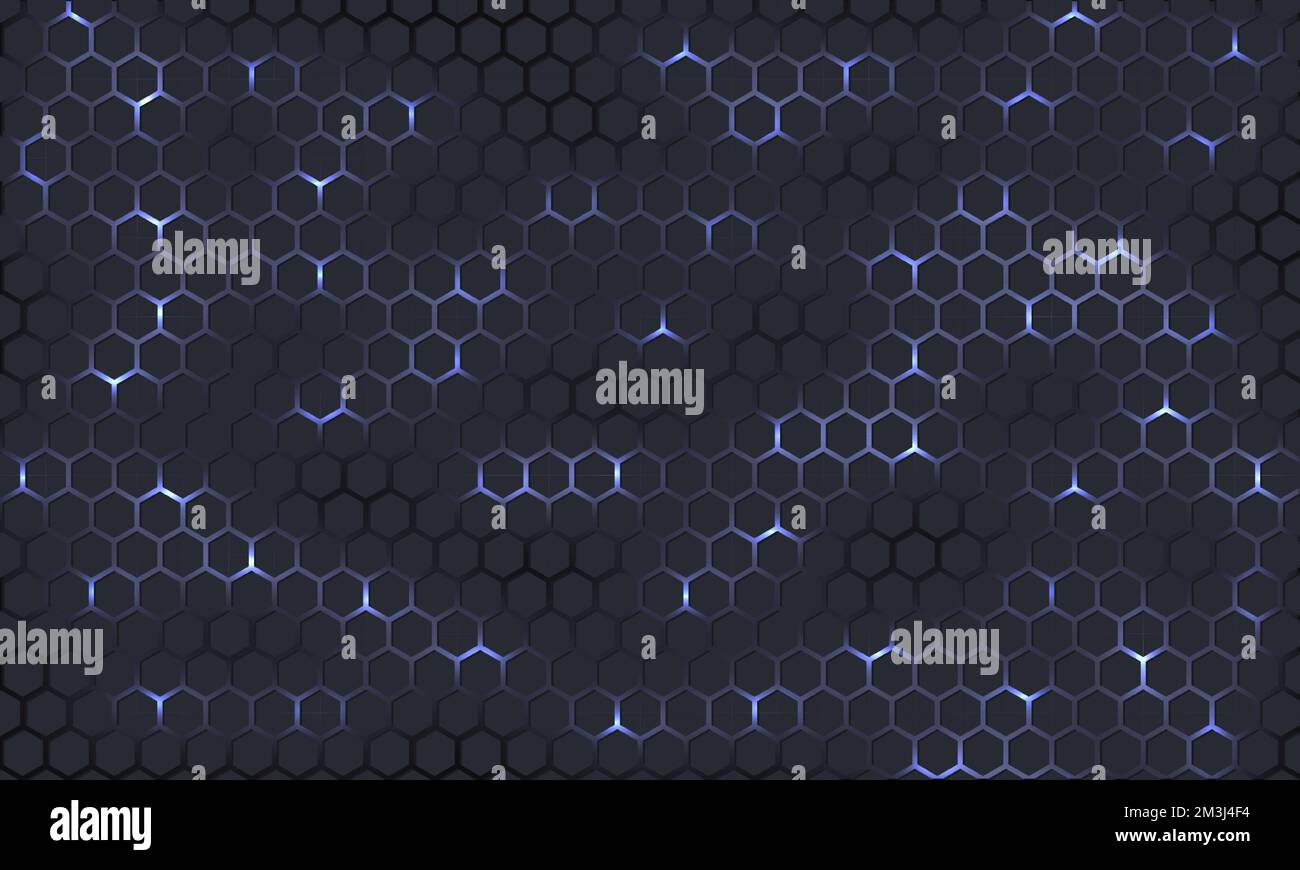 Dark technology hexagonal vector background. Abstract light energy flashes under hexagon in dark ...