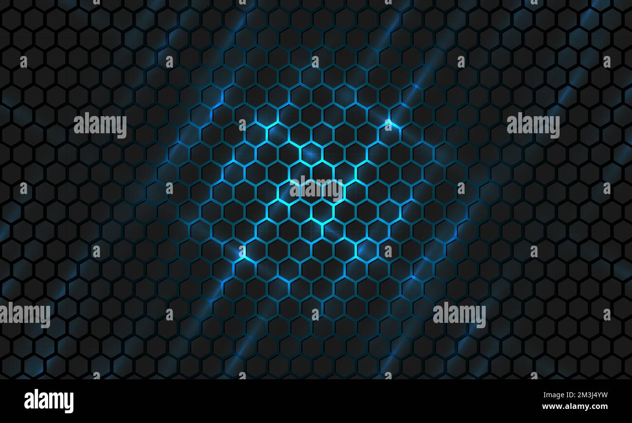 Black hexagonal technology abstract vector background. Blue bright energy flashes under hexagon ...