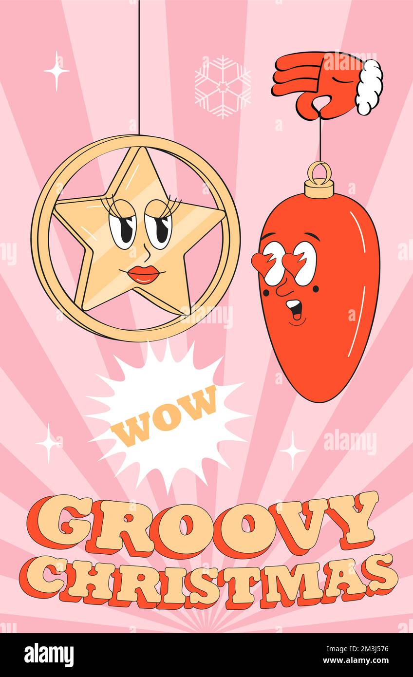 Groovy Christmas banner vector. Hipster new zear ball. Crazy, funny ...