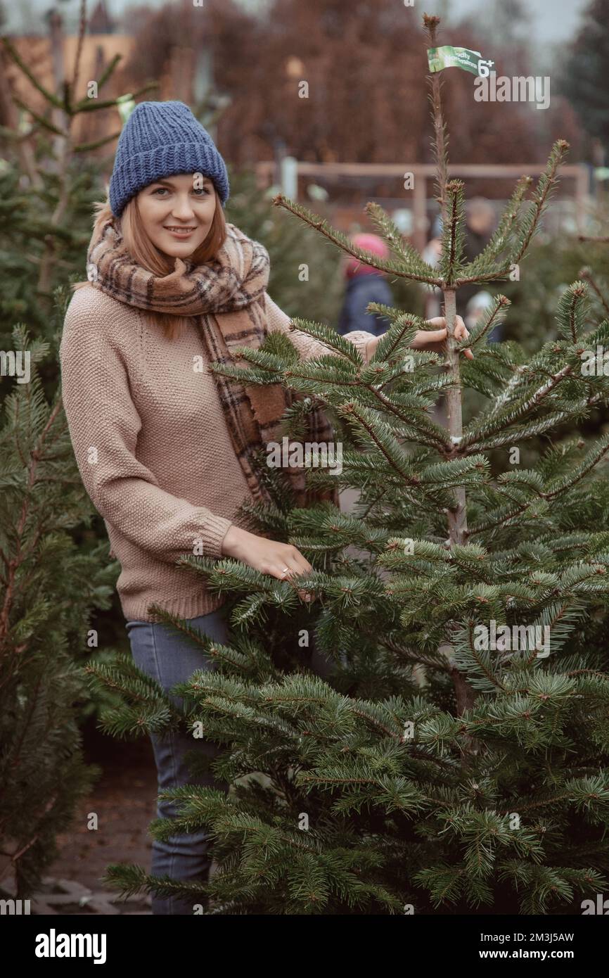 Elegant girl buys a Christmas tree. Womanin a blue cap and scarf ...