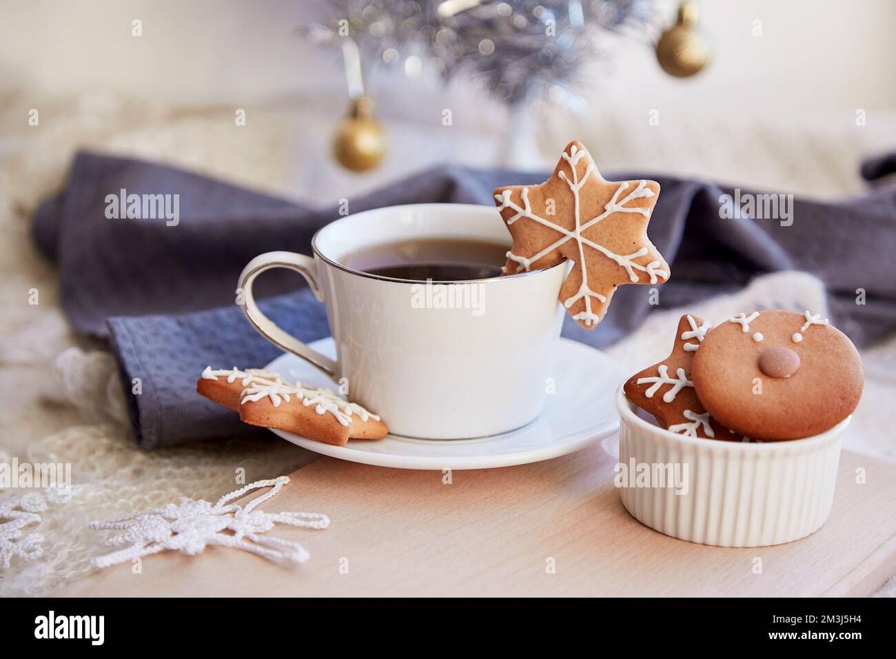 Aesthetics holidays breakfast with cute ginger cookies of snowflakes ...