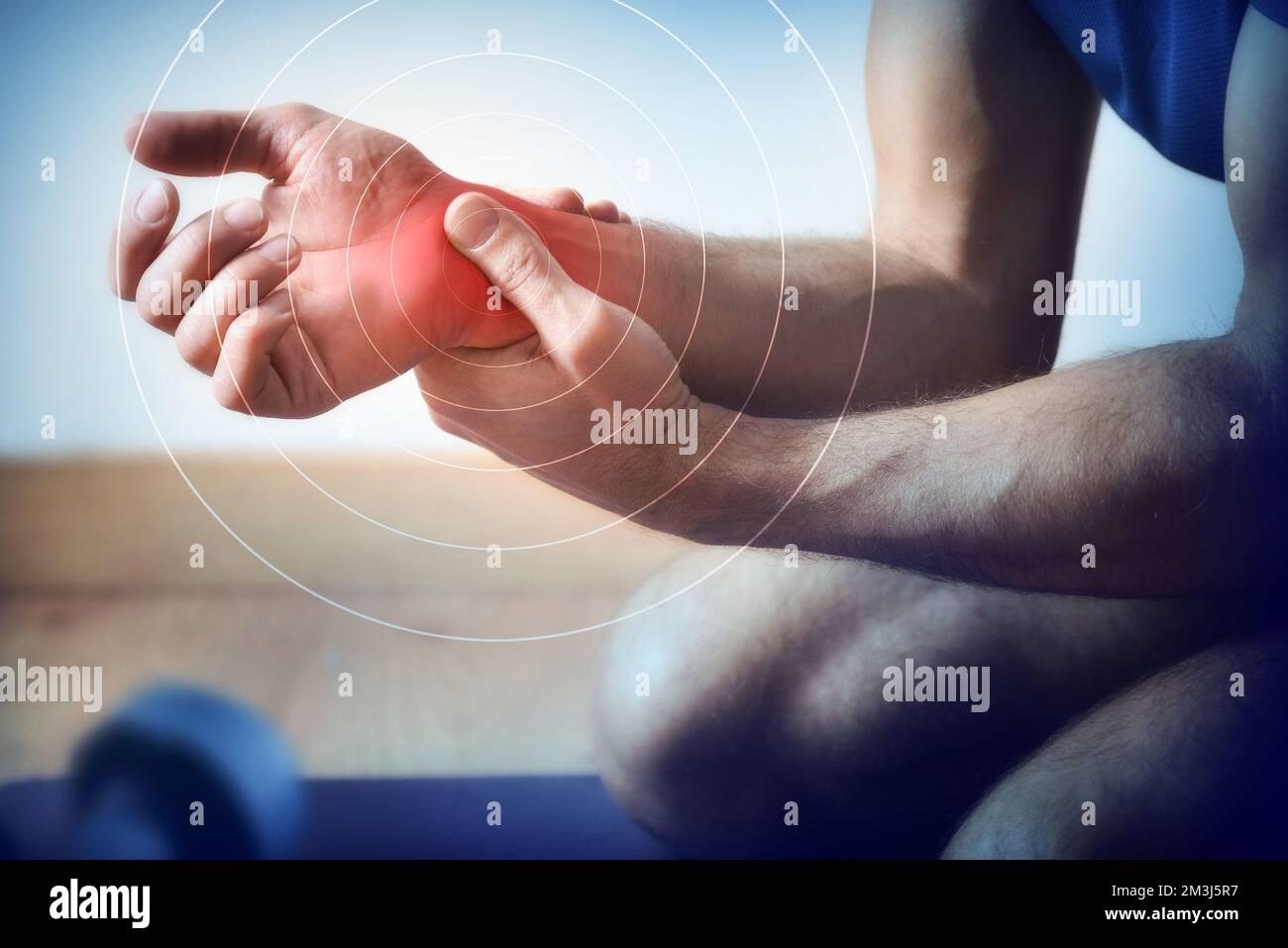 Detail of a representation of pain in the wrist with red color on a ...