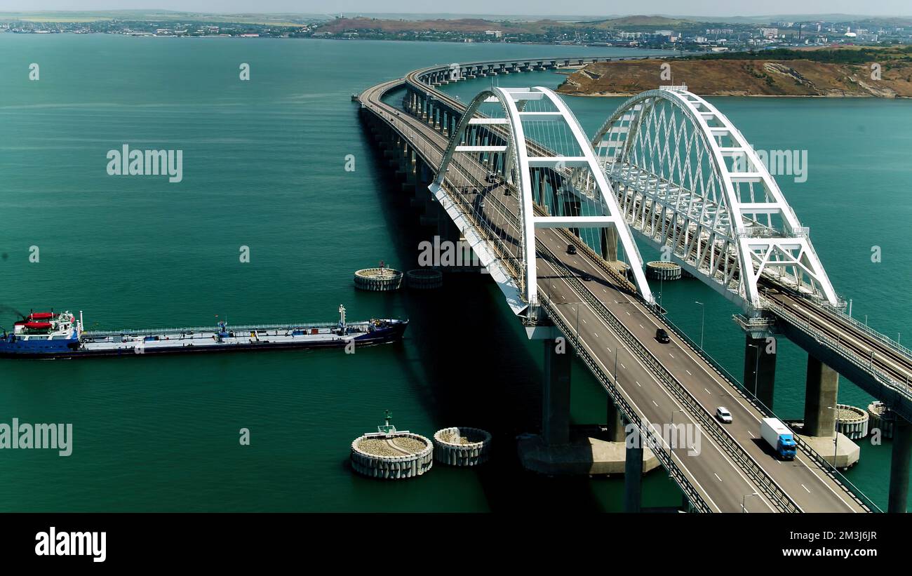 Big bridges over the sea. Shot.A helicopter view where two large ...