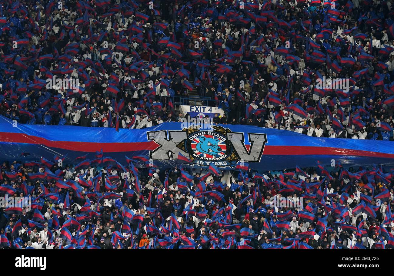 Rangers fans hold up Union Bears banner during the cinch Premiership ...