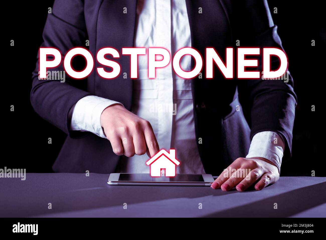 Sign displaying Postponed, Business approach to place later in order of ...