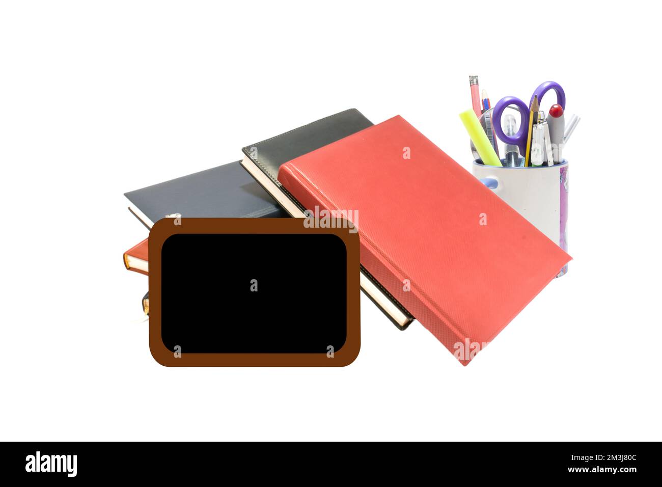 The notebooks and office supplies isolated on an empty white background ...