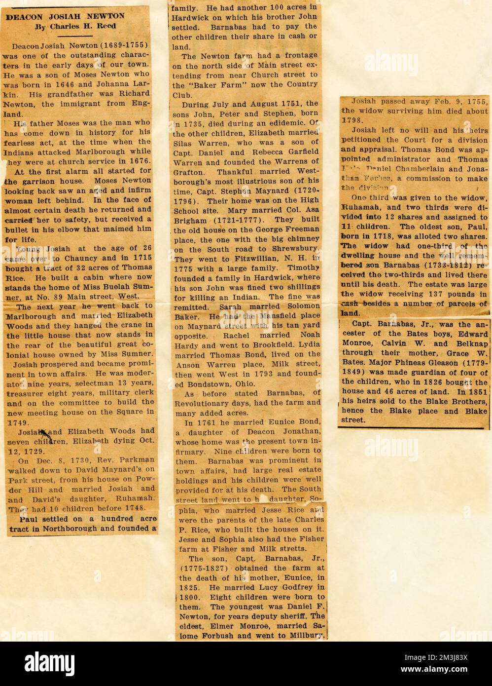 Newspaper biography of Deacon Josiah Newton ,. Westborough Stock Photo ...
