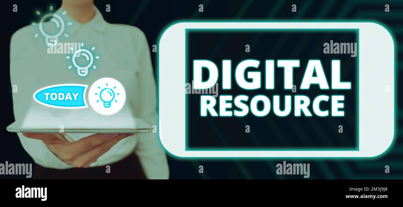 Hand writing sign Digital Resource. Business overview content that distributed digitally over ...