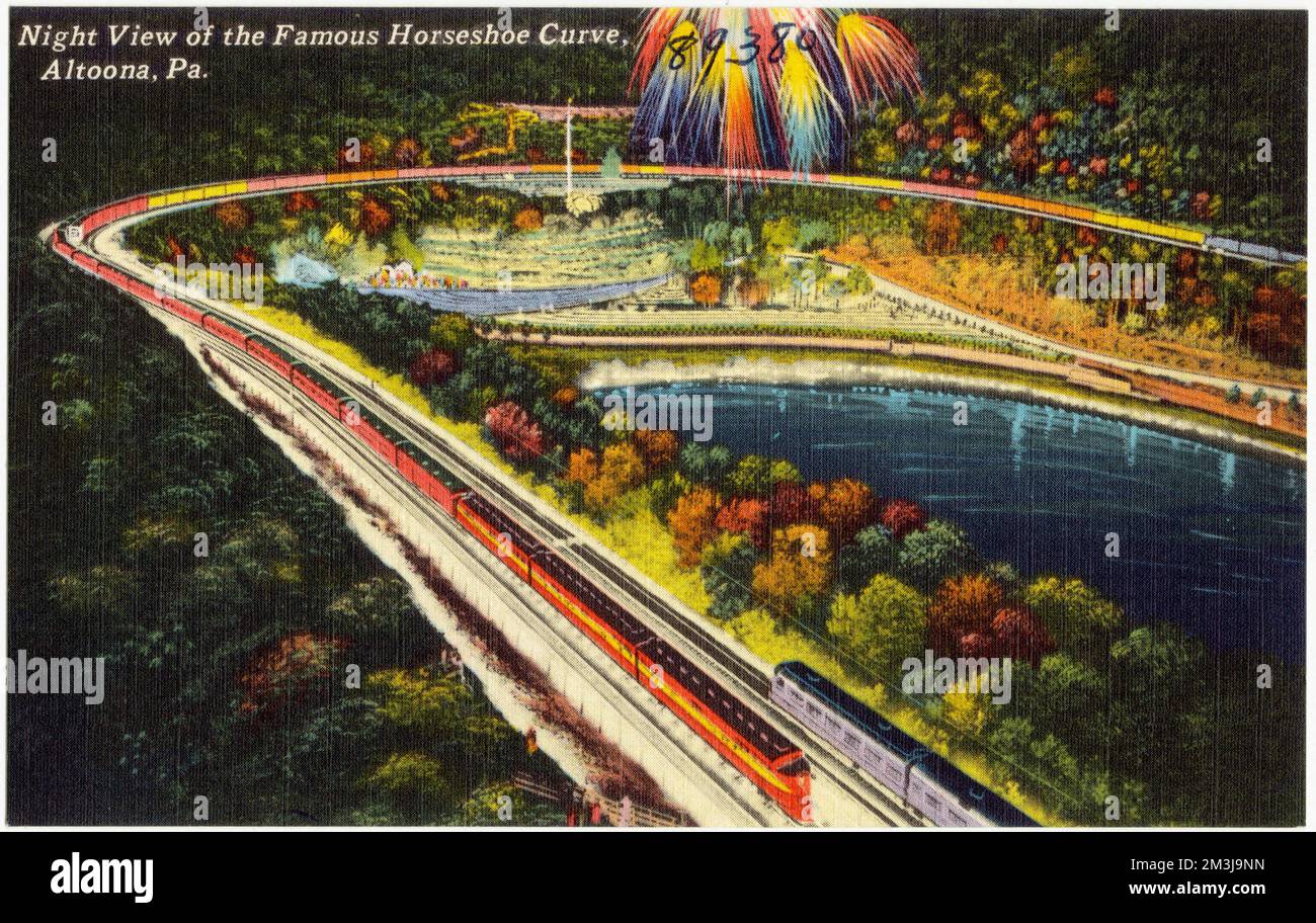Night view of the famous Horseshoe Curve, Altoona, Pa. , Tichnor ...
