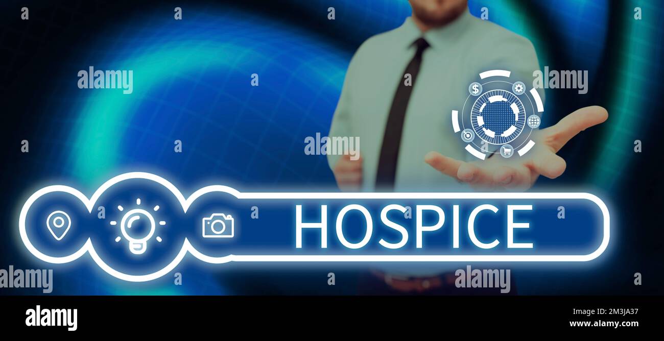 Hand writing sign Hospice. Word for focuses on the palliation of a ...