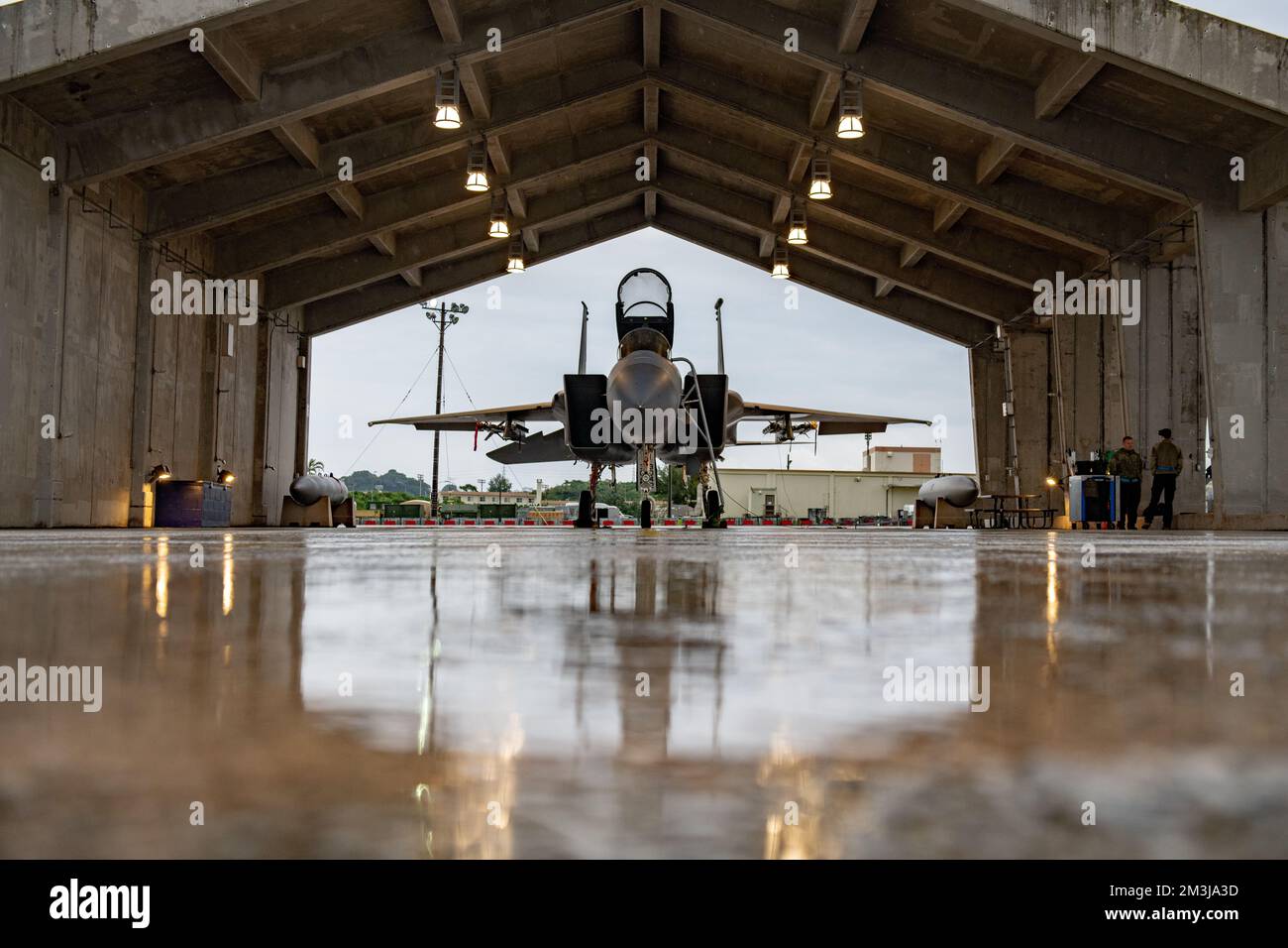 A 44th Fighter Squadron F-15C Eagle is parked in a hangar at Kadena Air ...