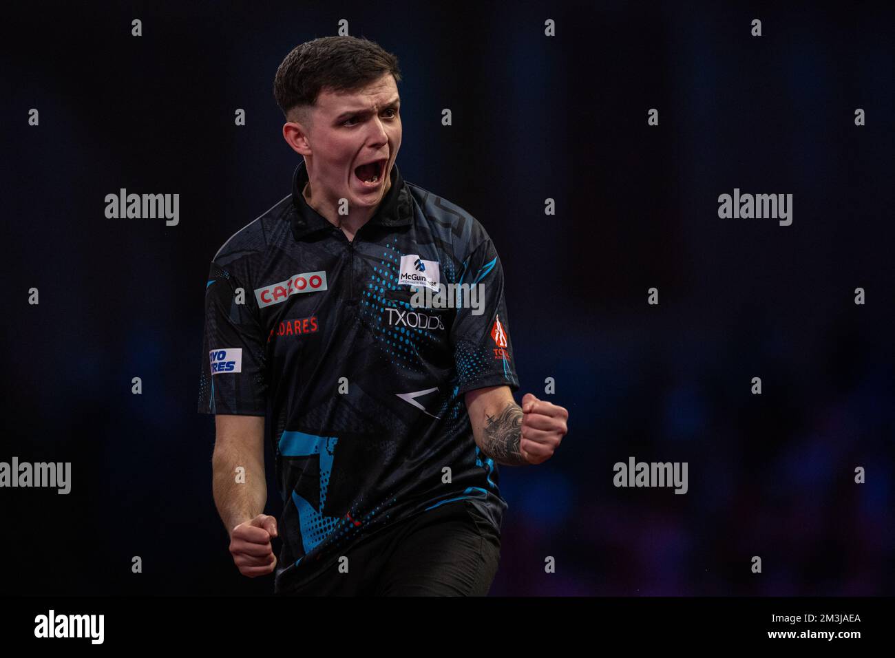 Nathan Rafferty celebrates winning his match during day one of the ...