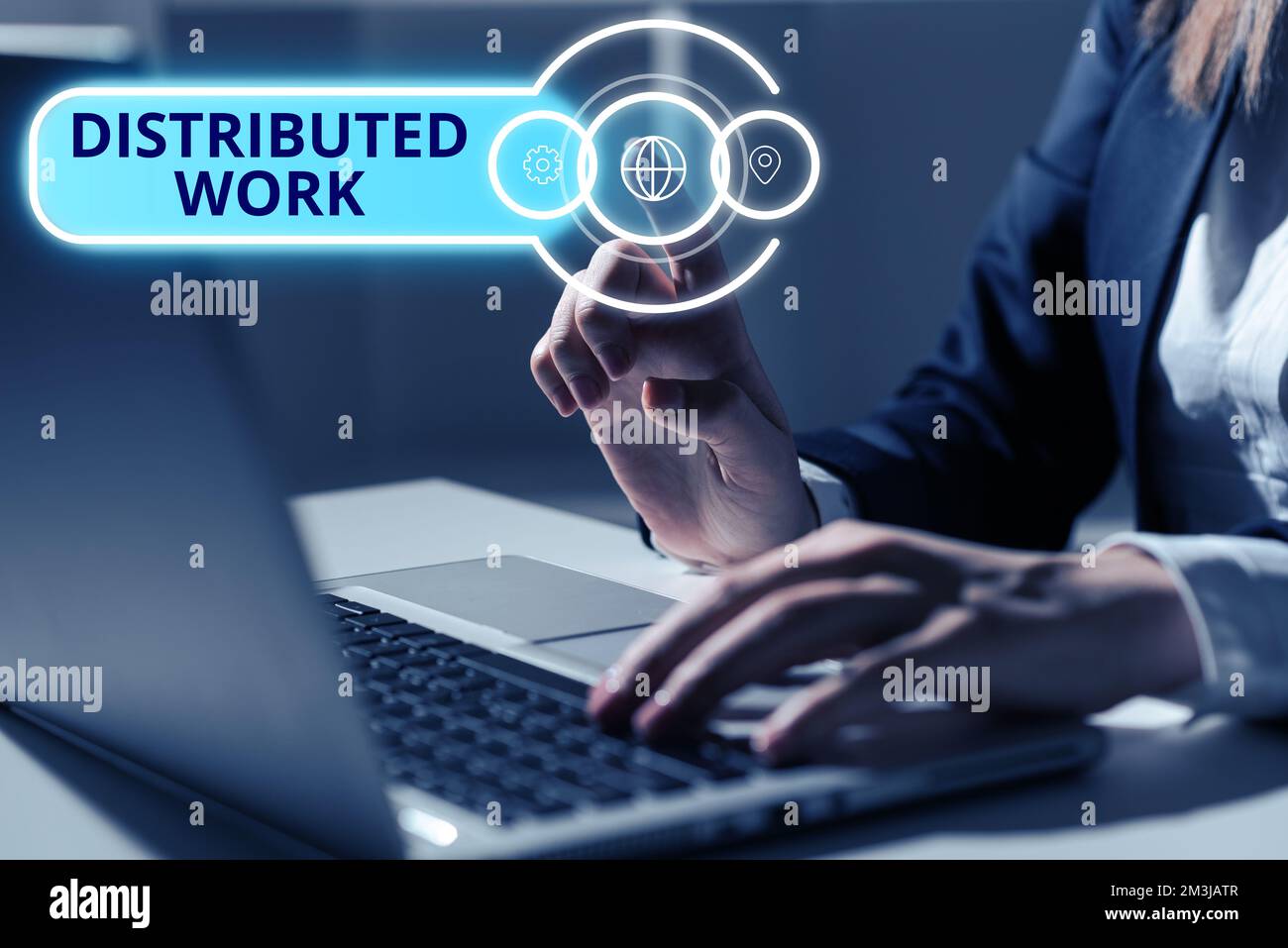 Sign displaying Distributed Work, Business overview practiced by enterprises using network ...