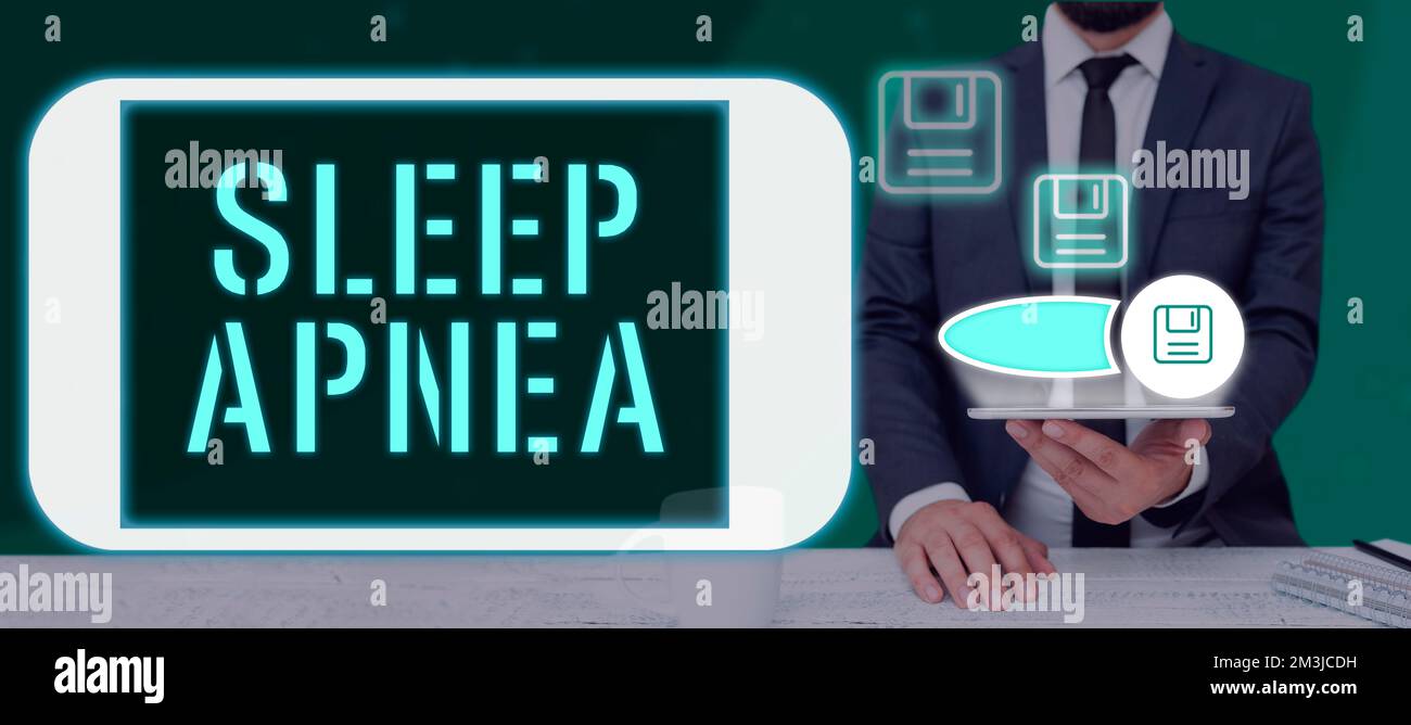 Hand writing sign Sleep Apnea. Conceptual photo The temporary stoppage ...