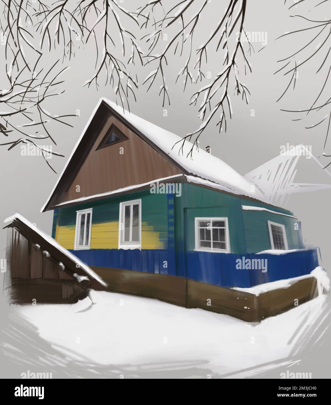 Watercolor blue house in winter forest. Hand painted Christmas ...