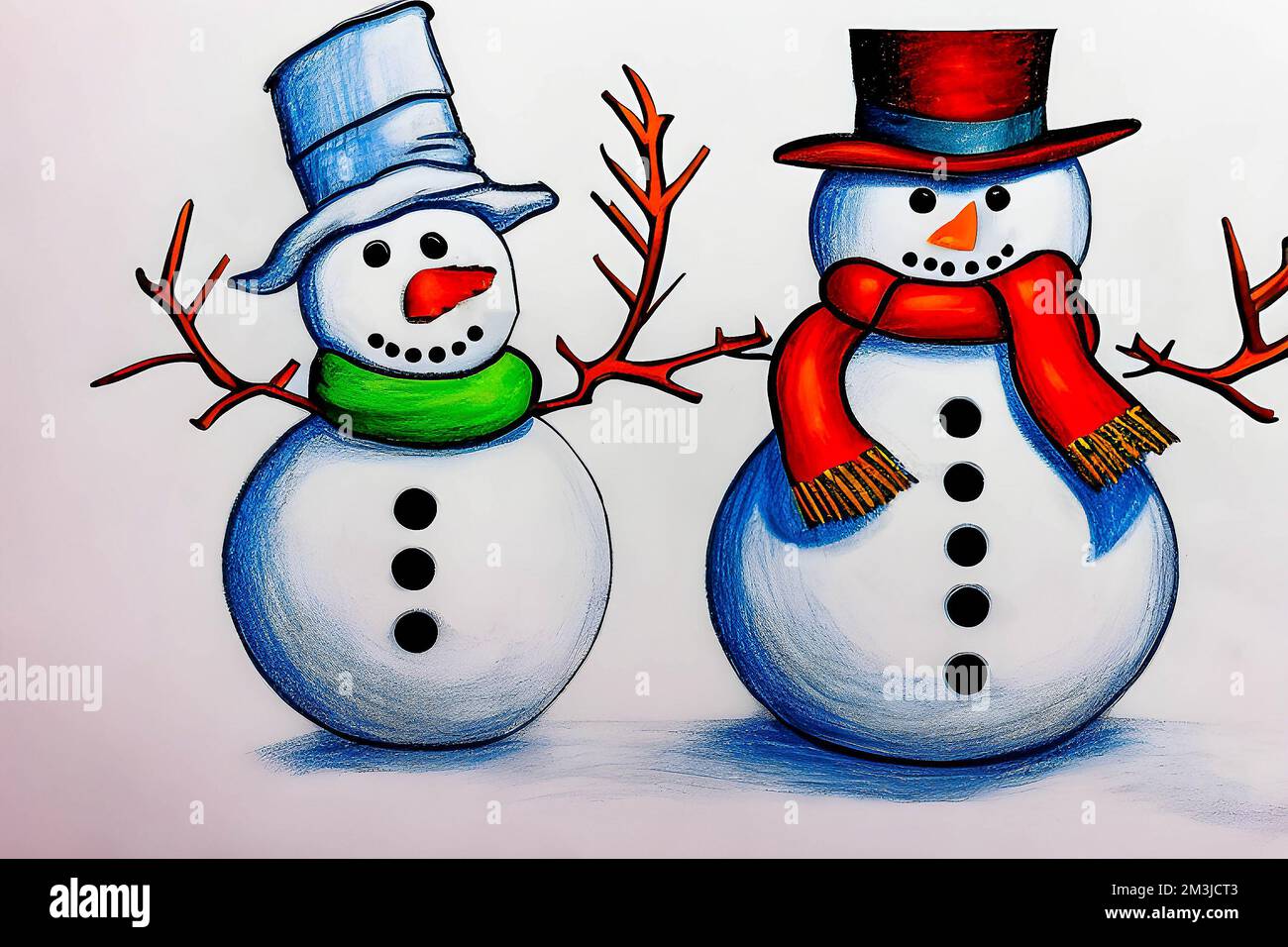 Two snowmen in hats and scarves isolated on white background. Children ...